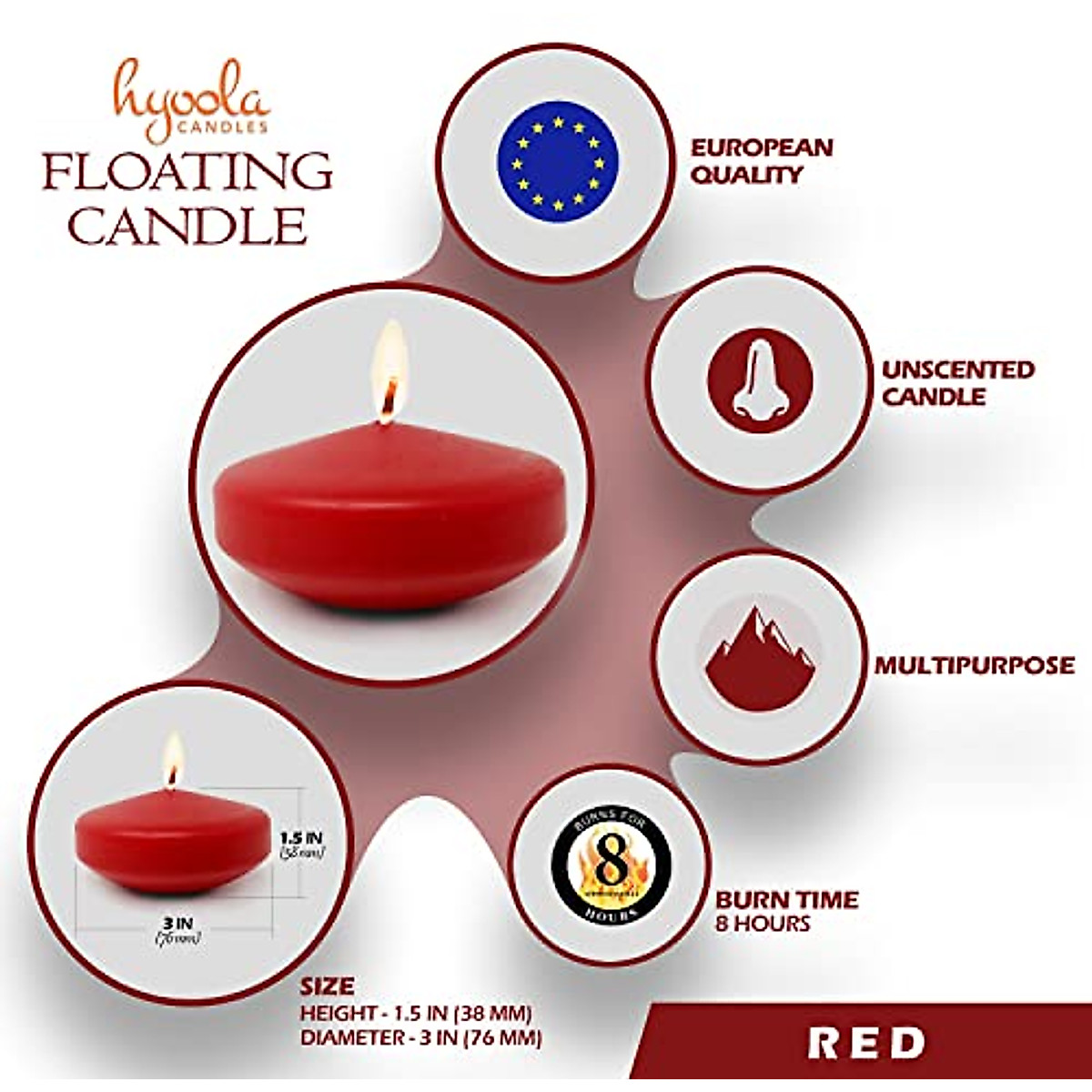HYOOLA Premium Red Floating Candles 3 Inch - 8 Hour - 12 Pack - European Made