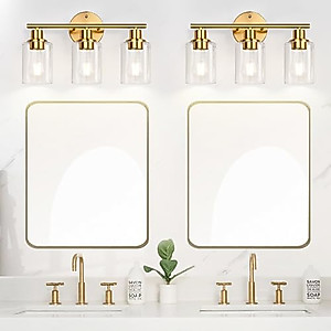 3-Light Gold Bathroom Light Fixtures, Modern Bathroom Vanity Light with Clear Glass Shade, Brushed Gold Bath Wall Mount Lights, Wall Lamp for Mirror Kitchen Bedroom Hallway Living Room Hallway