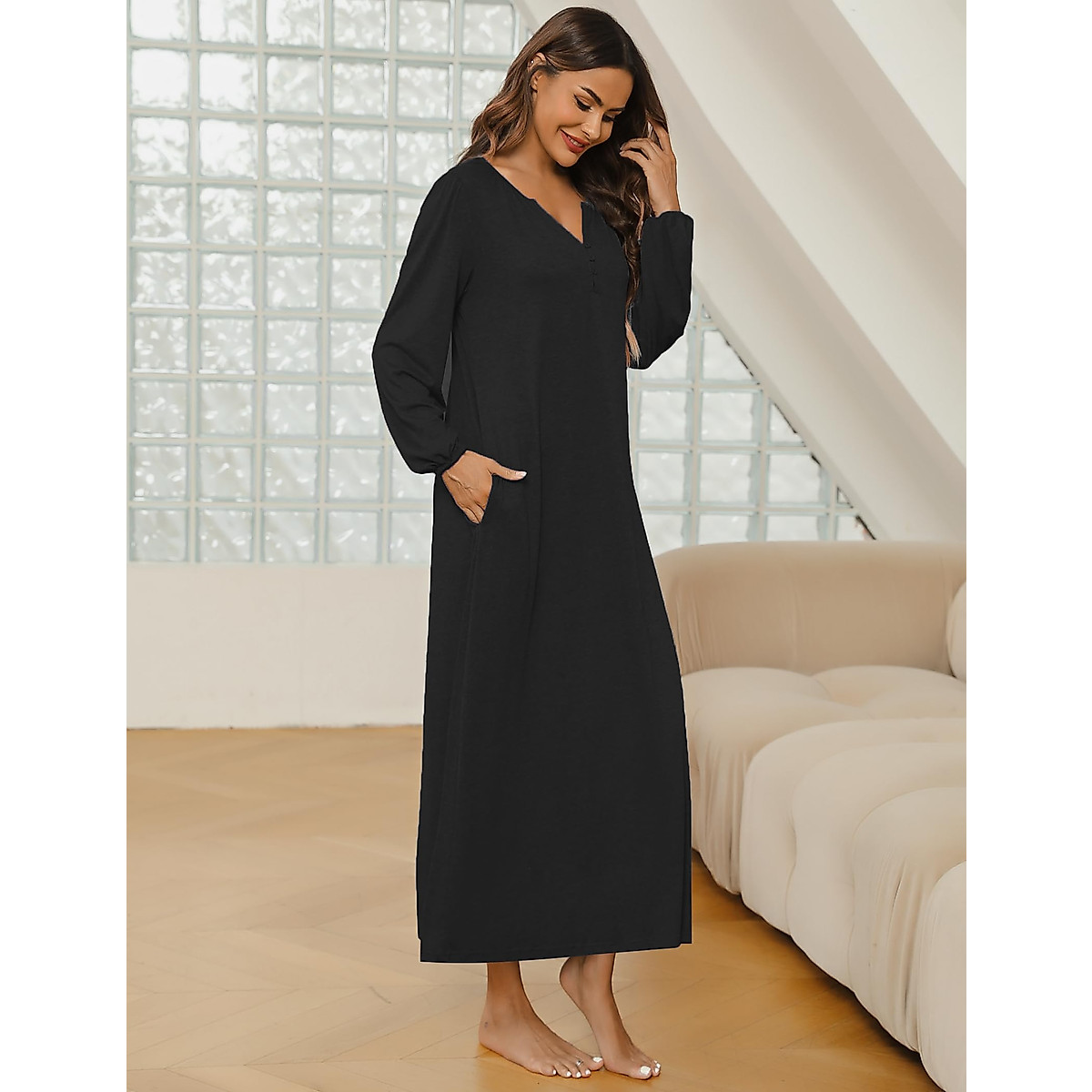 Marvmys Womens Cotton Long Night Gown Long Sleeve Nightshirt Sleepwear with Pockets Black L