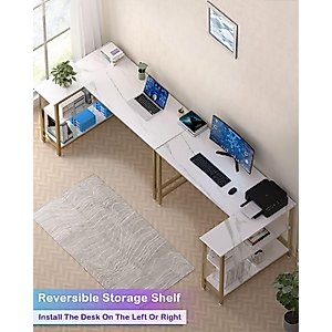 WOODYNLUX L Shaped Computer Desk - Home Office Desk with Shelf, Gaming Desk Corner Table for Work, Writing and Study, Space-Saving, White.