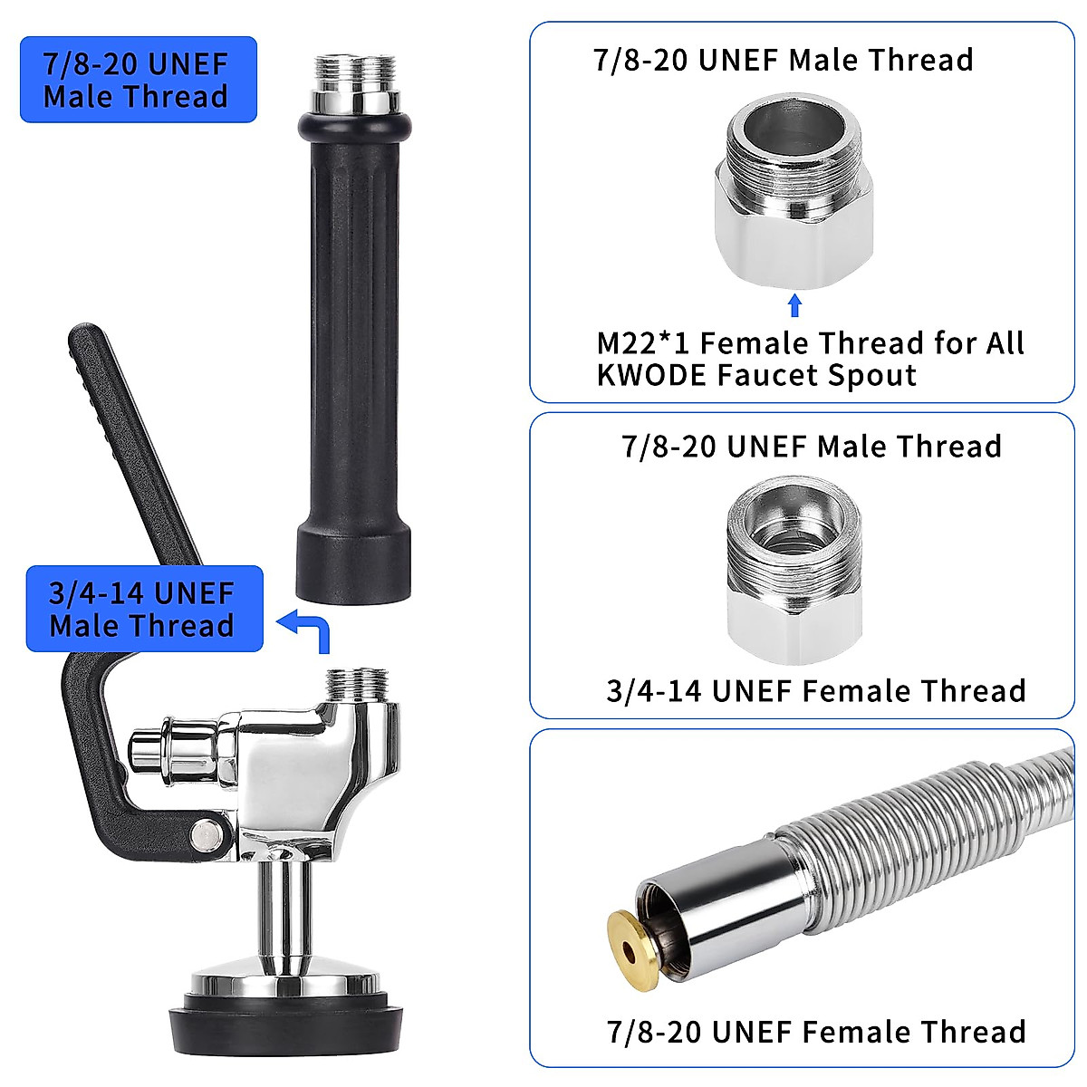 KWODE Spray Valve with Pre-rinse Hose, 38" Flexible Stainless Steel Hose with High Pressure Pre Rinse Spray Nozzle Sprayer Head Assembly Kit for Commercial Restaurant Industrial Kitchen Sink Faucet