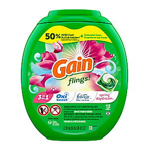 Gain flings Laundry Detergent Soap Pacs HE Compatible 112 ct Long Lasting Scent Spring Daydream