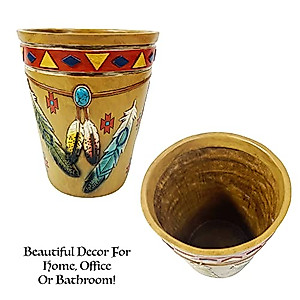 Urbalabs Indian Feather and Teal Stone Western Rustic Bathroom Trash Can Office Waste Basket Country Decor Rustic Office Garbage Can Cowboy Gun Decor Bathroom Decor Man Cave Western Waste