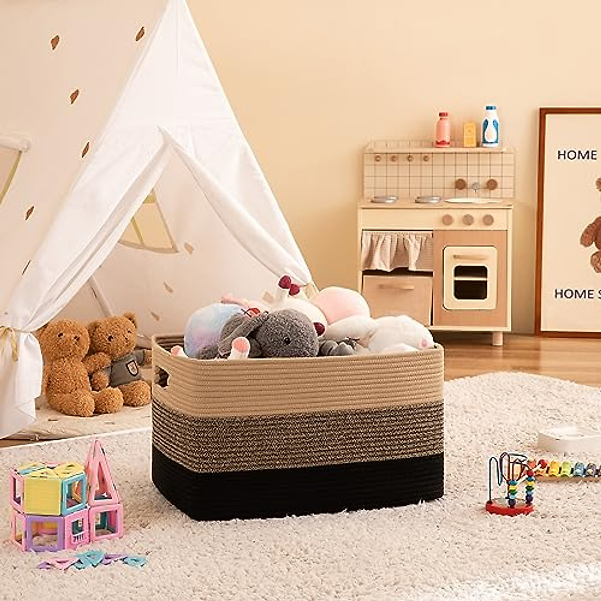 OIAHOMY Large Cotton Rope Basket, Rectangle Woven Baskets for Storage, Nursery Blanket Basket Living Room, Toy Basket with Handle, Large Baskets for Organizing-22”x17”x12”-Yellow Black