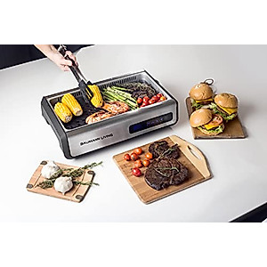 Baumann Living Indoor Smokeless Grill 1500W with Smart LED Touch Screen, Tempered Glass Lid, 2 Removable Ceramic Nonstick Grill & Griddle Plate, in a Sleek Design with Brush Chrome Finish..