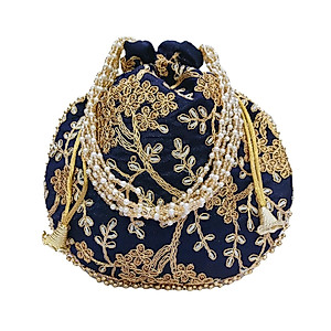 Truesellershop Indian Ethnic Designer Embroidered Silk Potli Bag Batwa Pearls Handle Purse Clutch Purse for Women (Navy Blue)