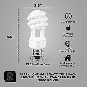 SLEEKLIGHTING E26 Standard Screw Base 13Watt CFL Light Bulb - 3 Pack, 5000 Kelvin for Pure White Daylight and 800 Lumens (65 Watt Incandescent Light Bulb Equivalent) - UL Listed