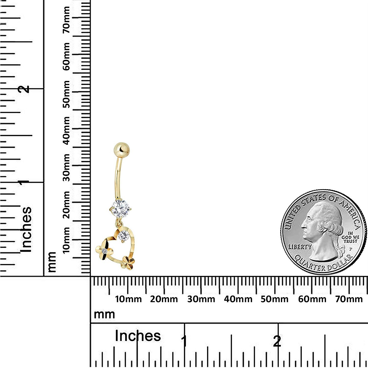 AVORA 10K Yellow Gold Simulated Diamond CZ Dangling Heart Belly Button Ring Body Jewelry (14 Gauge)