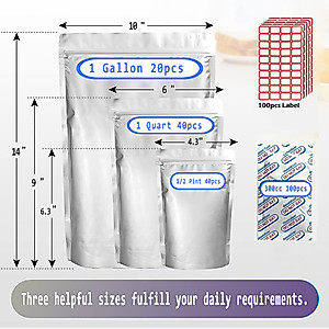 Mylar Bags for Food Storage with Oxygen Absorbers & Labels, Stand-Up, 3 Sizes, Heat Sealable & Resealable Food Storage Bags