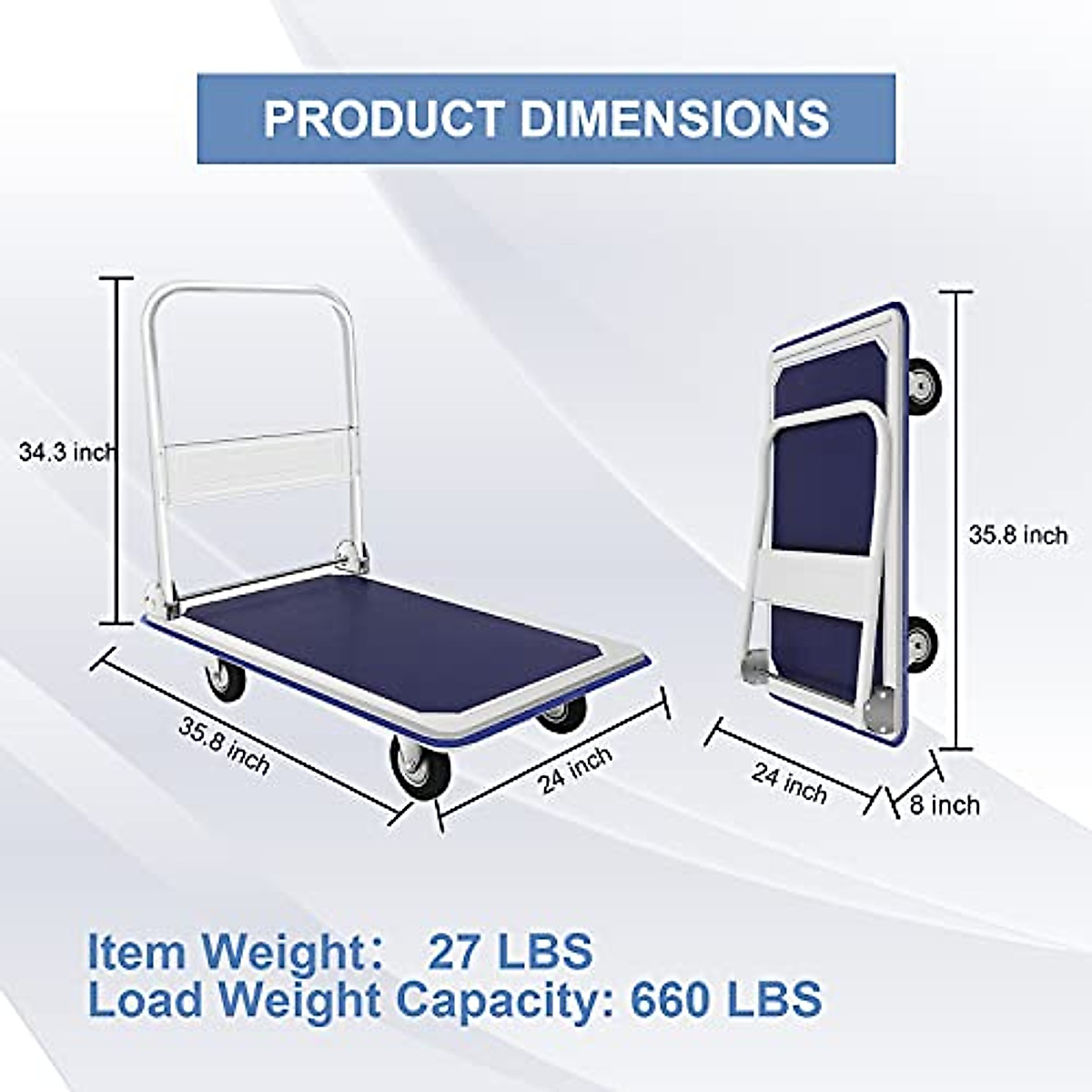 GPOAS Push Cart Dolly 660LBS Folding Platform Hand Truck with 360 Degree Swivel Wheels and Handle, Heavy Duty Foldable Flatbed Large Moving Cart for Easy Storage Luggage Moving,Blue