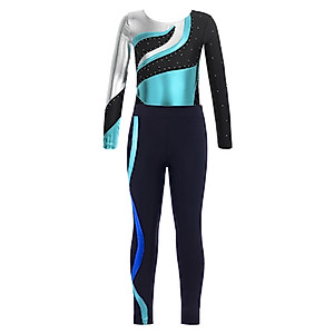 JEATHA Kids Girls Skating Dance Outfits Long Sleeve Gymnastics Leotard with Yoga Leggings Pants Set Activewear Blue A 12 Years