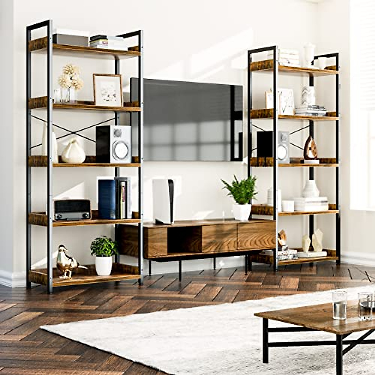 APPOLYN 5 Tier Bookshelf with 2 Hooks, Tall Bookcase, Modern Book Shelves Organizer, Bookshelves for Bedroom, Living Room and Home Office, Vintage