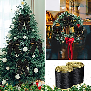 2 Rolls Christmas Velvet Ribbon Velvet Wired Edge Ribbon Trim Wrapping Ribbon Craft Fabric Ribbon for Xmas Bow Making, Floral Arrangement Decoration (Black,2.5 Inch x 6 Yards)