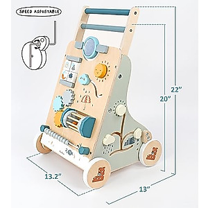 PairPear Wooden Baby Walker Push and Pull Toys,Toddler Speed Adjustable Push Walker Activity Cencer with Shape Sorter Toys Gift for Boys Girls 1 2 3 Years