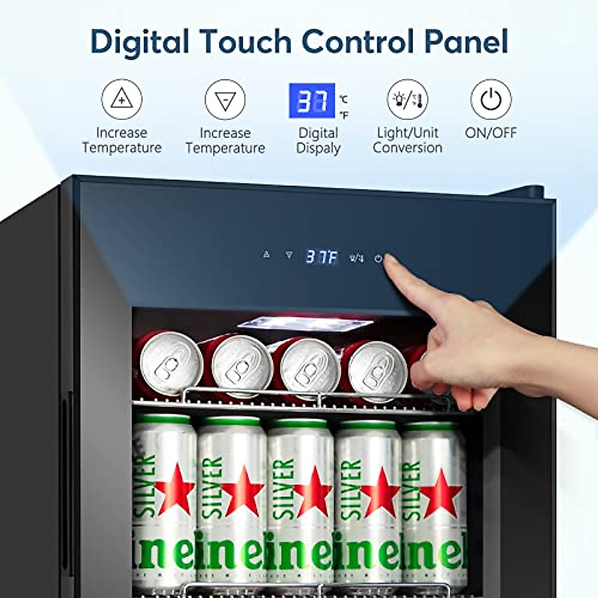 Tylza Mini Beverage Refrigerator Freestanding, 101 Cans Beverage Cooler with Glass Door, Mini Fridge for Soda, Water, Beer or Wine - For Home or Office with White Light, TYBC24