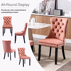 Rhomtree Contemporary Button Tufted Dining Chairs High-end Velvet Upholstered Dining Chairs with Nailhead Back and Ring Pull Trim Wood Kitchen Chairs for Dining Room (Pink 01, Set of 8)