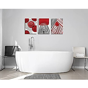 Red Theme Abstract Boho Wall Art Decor Black and White 3 Pieces Stretched and Framed Canvas Painting Black Ink Geometry Wall Art for Living Room Home Office Bathroom Bedroom Wall Decor 12"x16"x3