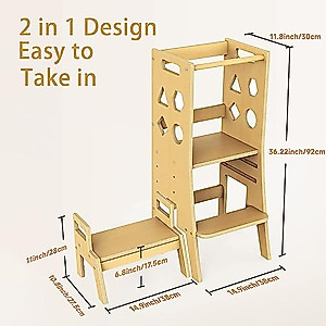 ZARKEET Wooden Toddler Standing Tower, 2 in 1 Kitchen Toddler Tower Helper Stool for Toddlers 1-3,Baby Wood Anti-Drop Safety Rail Step Stools for Bathroom & Kitchen Counter