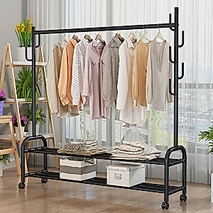 GAMNOF Clothes Rack with Wheels Clothing Racks for Hanging Clothes Garment Rack with Two Shelves and 7 Side Hooks Metal Rolling Rack for Clothes Hats Bags and etc Storage and Organizer