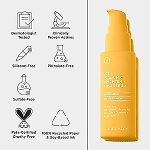 Allies of Skin 20% Vitamin C Brighten + Firm Serum: 20% Ethylated L-Ascorbic Acid + Orange Extract Complex with Glutathione. Waterless & Antioxidant. Firms & Intensely Brightens. For Smooth, Elastic Skin 1 oz / 30 ml
