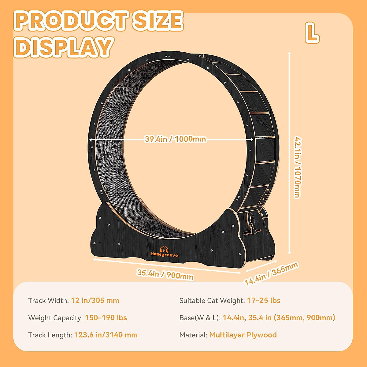 Homegroove Cat Exercise Wheel for Indoor Cat, 40" Large Cat Running Wheel with Carpeted Runway, Cat Treadmill Wheel for Kitty’s Longer Life, Cat Wheel for Fitness Weight Loss Device, Black(L)