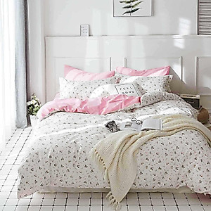 5 Pcs Twin Size Comforter Set with Sheets, Pink White Floral Pattern Printed Preppy Decor Reversible Bed Sets - 68 x 90 Soft Microfiber Flower Duvet Cottage Vintage Bedding in a Bag for Women Girls