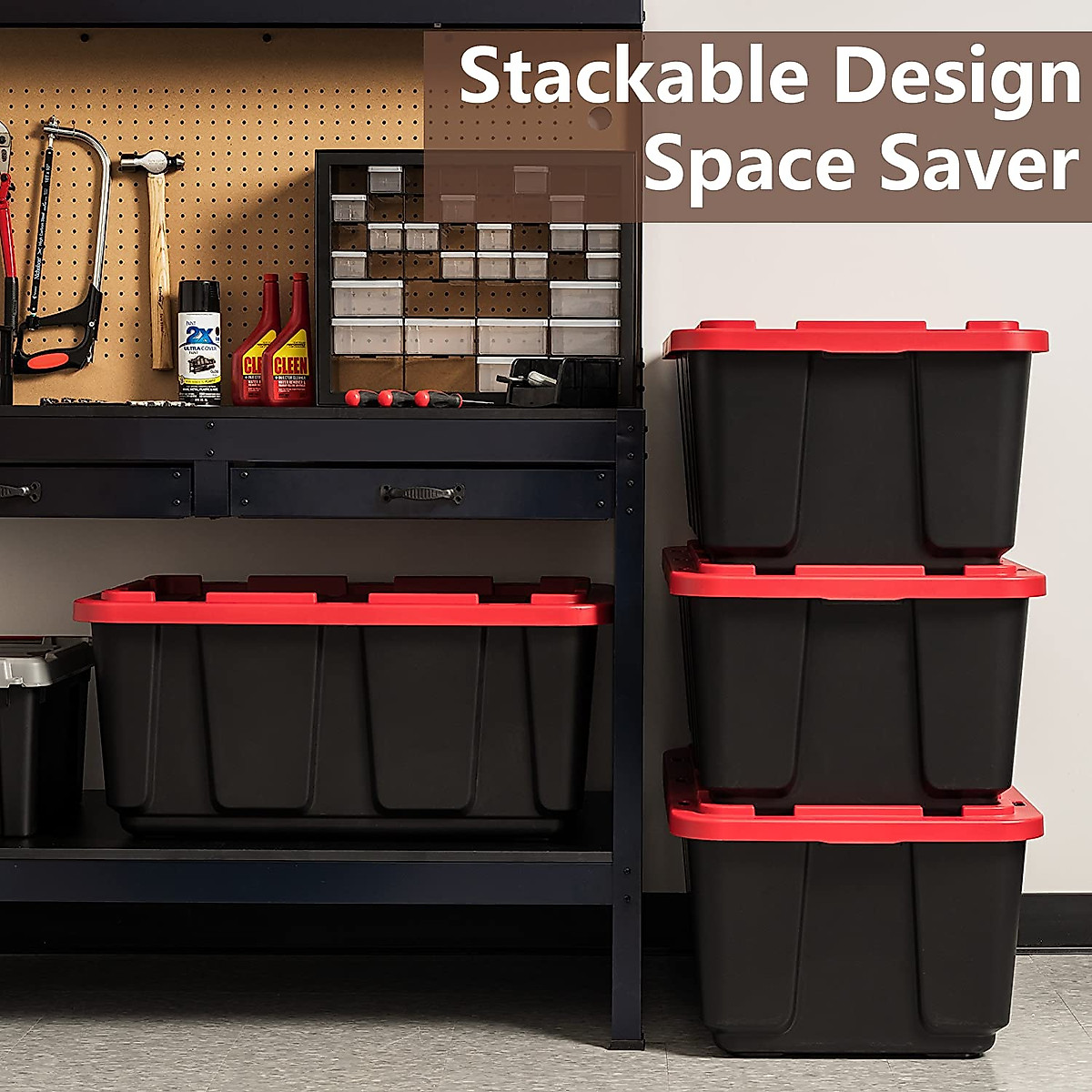 TUBYIC 40 Gallon Large Heavy-Duty Plastic Storage Tote with Lids,Storage Plastic Bin Tote Organizing Container with Durable Lid and Secure Latching Buckles, Black/Red, 3 Pack