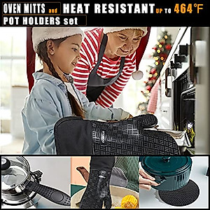 GOBETTO 6-Piece Silicone Oven Mitts and Pot Holders Sets, 15-inch Extra Long Heat Resistant Oven Gloves with Cast Iron Handle Cover Holders and Hot Pads for Kitchen Cooking Baking Grilling (Black)