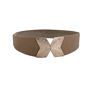 TrendyFashionJewelry Women Fashion Elastic Wide Waistband Belt Hip High Waist X Shape Gold Metal Buckle S M Beige