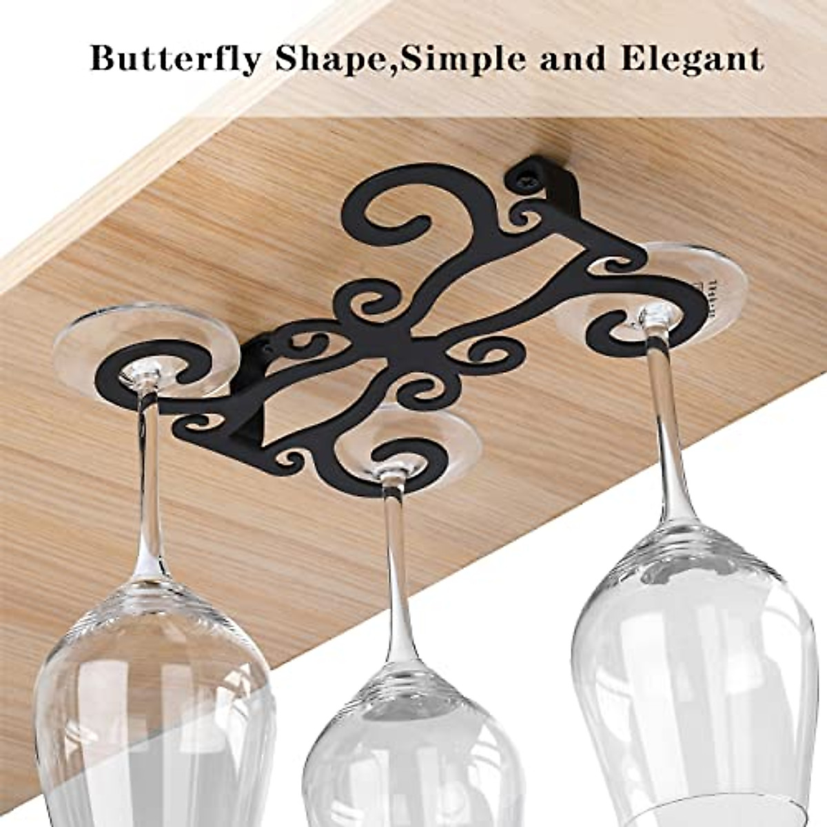 SNKINE Wine Glass Rack - Butterfly Stemware Racks Under Cabinet Wine Glasses Holder Hanging Shelf Black Iron 7.87inch Storage Hanger for Bar Kitchen (2 Packs) (SNKINE-Racks)