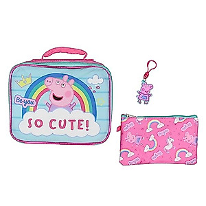 AI ACCESSORY INNOVATIONS Peppa Pig Backpack Kids School Travel Backpack Set With Lunch Box, Drawstring Bag, Pencil Case, and Rubber Molded Keychain