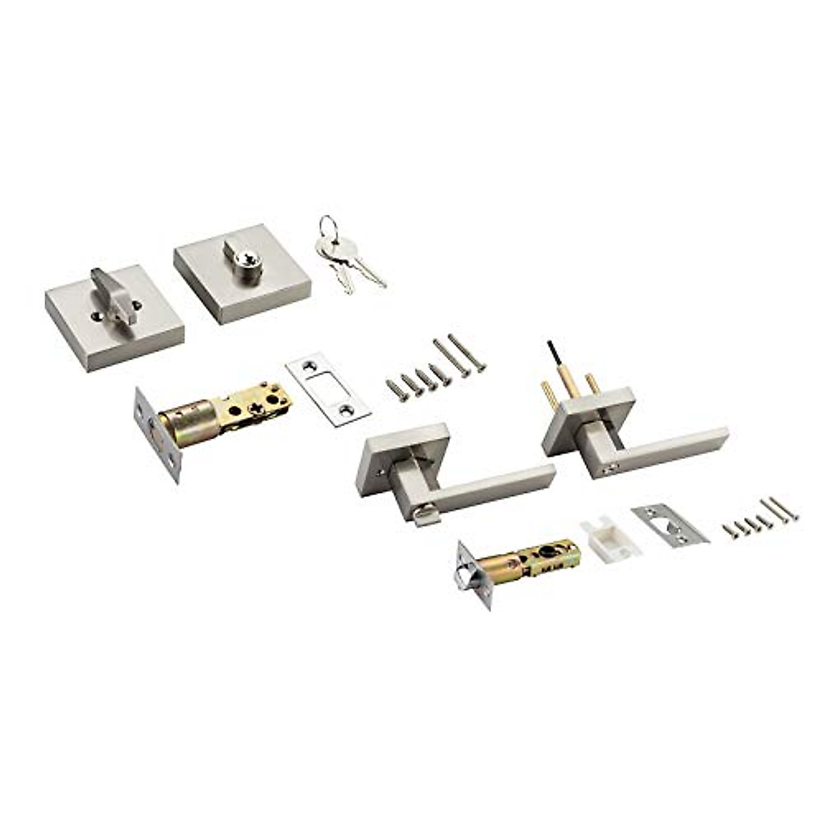 Berlin Modisch Contemporary Square Entry Lever Door Handle and Single Cylinder Deadbolt Locking Lever Handle Set [Front Door or Office] Right & Left Sided Doors Heavy Duty – Satin Nickel Finish