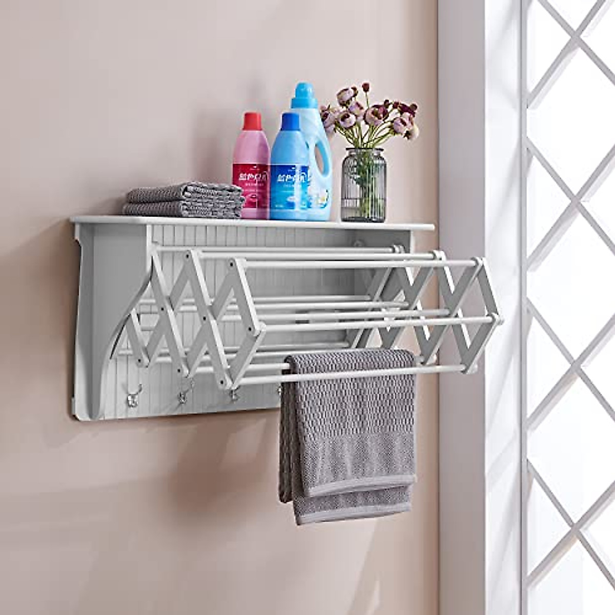 Danya B Accordion Clothes Drying Rack, Retractable, Wall Mounted Towel Rack and Hooks for Clothes and Towels for use in Laundry Room or Garage (White)