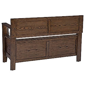 Linon Umber Brown Carlton Rustic Storage Bench with Beige Upholstered Back and Cushioned Seat