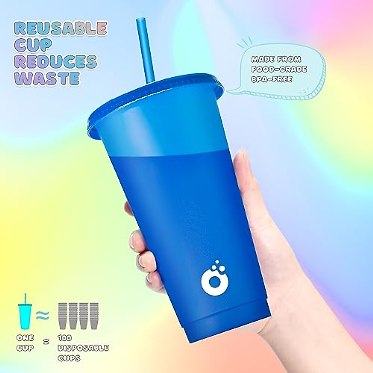 ODOSOLA Plastic Cups with Lids and Straws, 6 Pack 24oz Color Changing Cups, Reusable Cups With Lids and Straws Bulk for Adults Kid Women Party, Cute Cold Tumblers with Lids and Straws for Iced Coffee