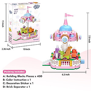 Finebely Dream Girls Fairground Carousel Toys Building Sets, Friends Amusement Park Rotating 4-Horse Carousel Building Kit, Merry Go Round Carousel Model Gift for Girls Kids 6-12, 430 PCS