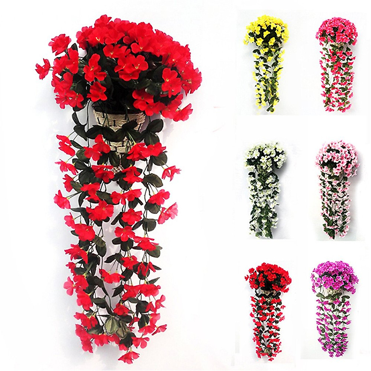 Takefuns 2Pcs Artificial Violet Flower Hanging Vine Garland, Wall Wisteria Basket, Simulation Rattan Plant for Outdoor Balcony Garden Party Wedding Decorations (Red)