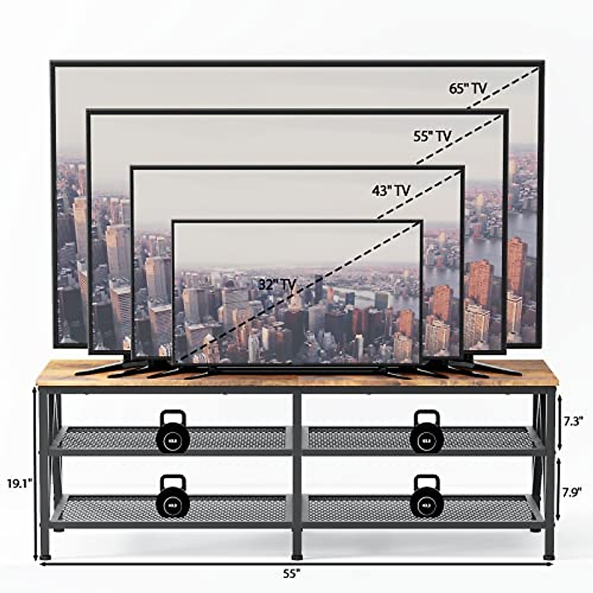 Furologee TV Stand with 3-Tier Open Storage Shelves and 6-Tier Bookshelf, Tall Rustic Bookcase with 2 Drawers Storage Organizer,