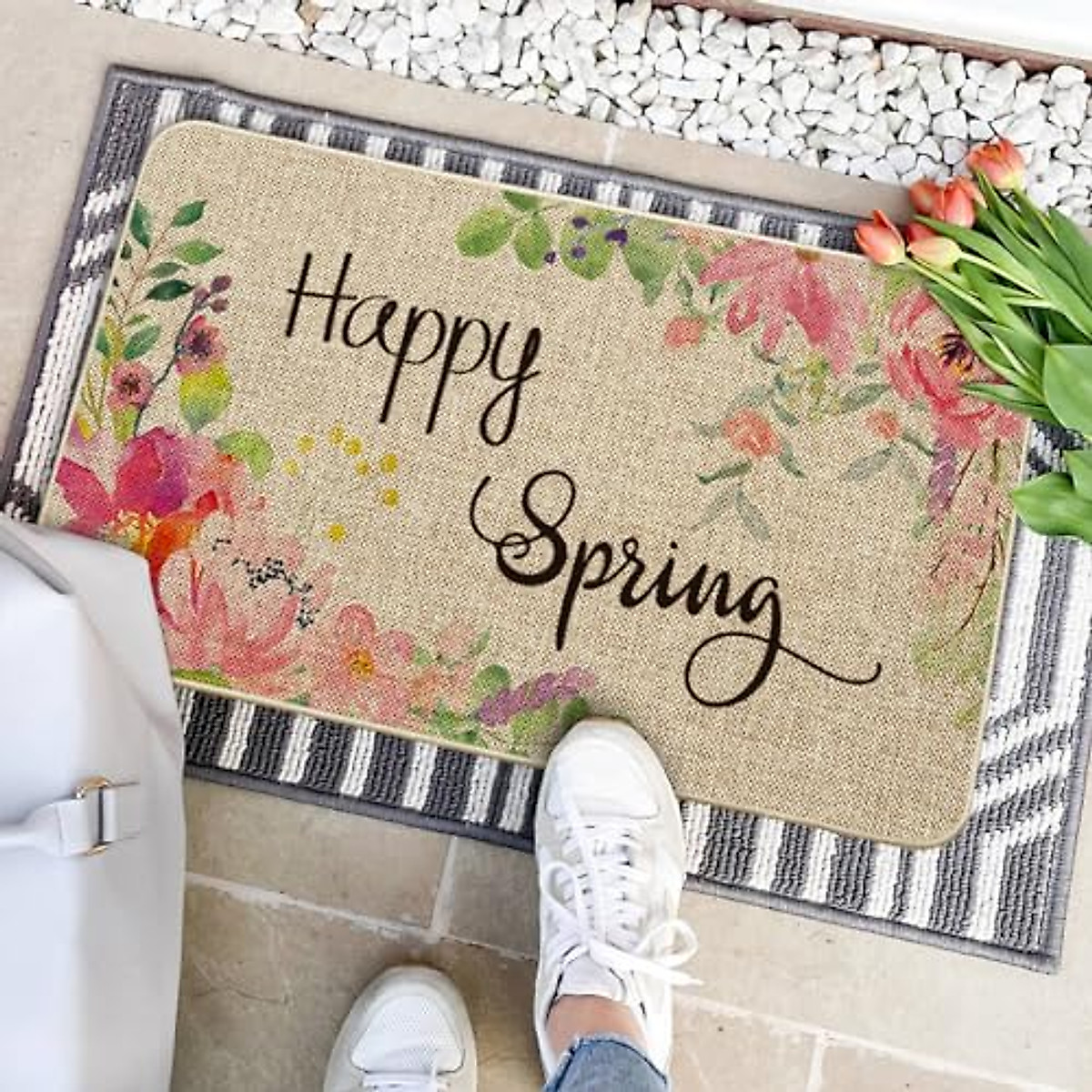 Artoid Mode Peony Flowers Happy Spring Doormat, Seasonal Home Decor Holiday Low-Profile Floor Mat Switch Mat for Indoor Outdoor 17 x 29 Inch
