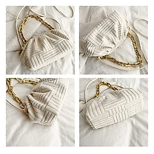 HDHTB Dumpling handbag cloud shape shoulder bag casual clutch purse pouch with chunky chain Jacquard velvet crossbody dupe (white)