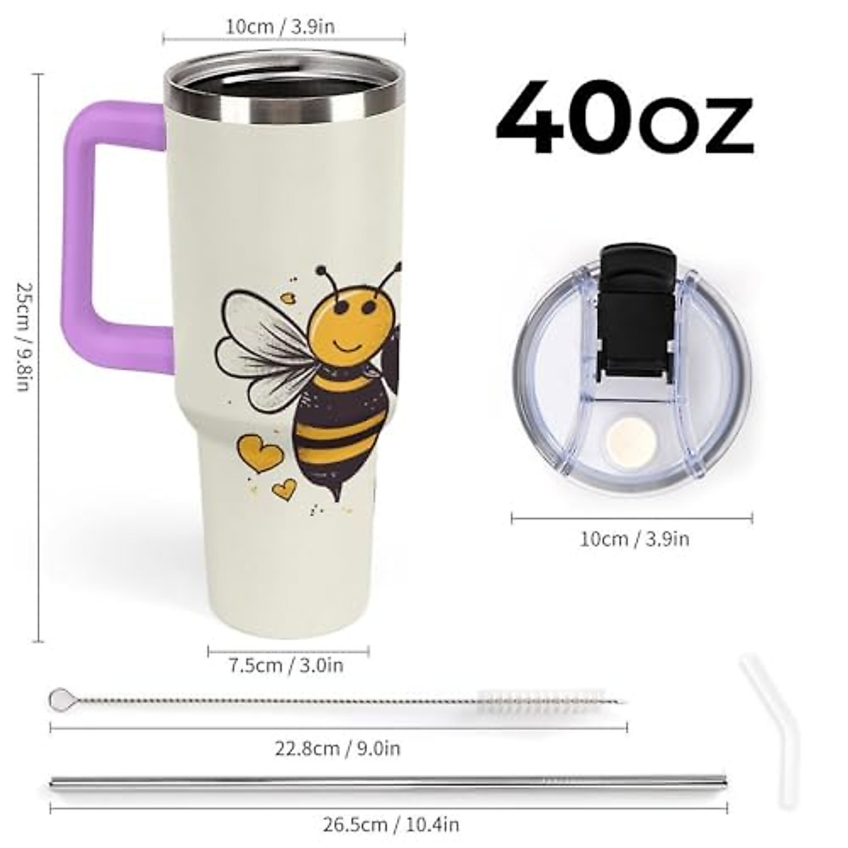FHENMSA 40 Oz Insulated Coffee Mug Tumbler with Handle,Bee Love Honey Print Insulated Tumbler,Stainless Steel Travel Mug with Lid And Straw