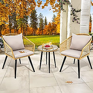 YITAHOME 3-Piece Outdoor Patio Furniture Wicker Bistro Set, All-Weather Rattan Conversation Chairs for Backyard, Balcony and Deck with Soft Gray Cushions, Glass Side Table Light-Yellow