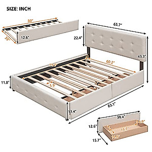 SIYSNKSI Modern Queen Size Platform Bed with 2 Drawers and 1 Twin XL Trundle, Upholstered Platform Bed Frame with Wood Slats and Headboard, Linen Fabric Storage Bed (Dark Beige-Queen-4)