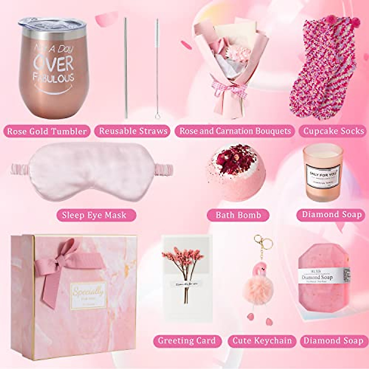 Birthday Gifts for Women,Unique Gifts Basket Ideas Happy Birthday Gifts for Her Relaxing Spa Gift Set Thinking of You Get Well Soon Gifts Box Thank You Gifts for Mom Wife Sister Friend Coworker,Pink