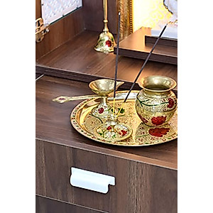 The Mandir Store Wooden Mandir with Doors Led Lights Storage Cabinet in Walnut Colour