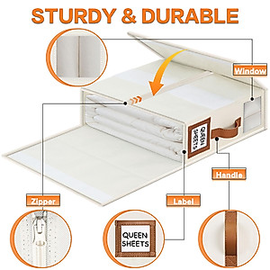 LHZK Sheet Organizers and Storage 4 Pack, Foldable Bed Sheet Organizers and Storage (Queen & King Size), Bed Sheet Organizer with Leather Handle, Window and Label