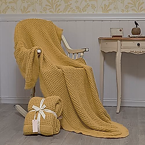 Amélie Home Soft Cozy Waffle Knit Throw Blanket with Ruffled Fringe, Decorative Lightweight Knitted Throw Blankets for Couch Bed Sofa (Yellow, 50'' x 60'')