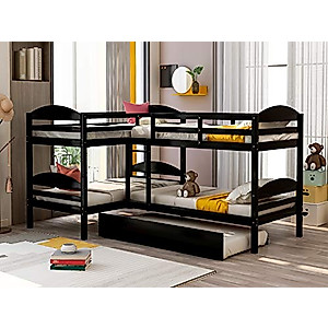 Harper & Bright Designs Quad Bunk Bed with Trundle, L Shaped Bunk Bed for 4 Kids, Wooden Twin Bunk Bed Frame for Kids Teens Adults - Espresso