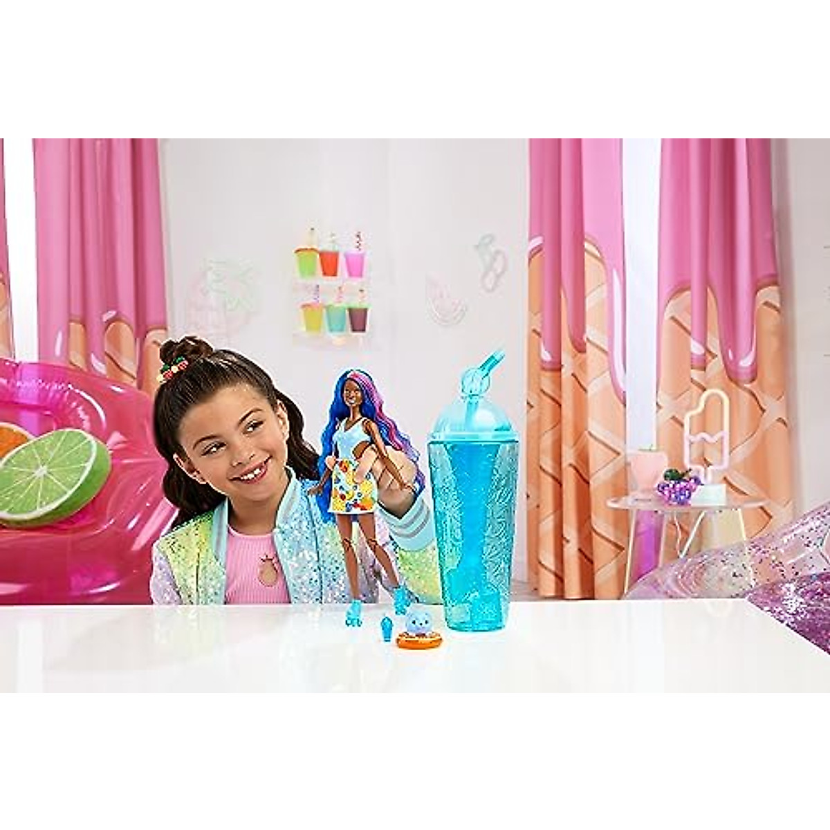 Barbie Pop Reveal Doll & Accessories, Fruit Punch Scent with Blue Hair, 8 Surprises Include Slime, Color Change & Puppy