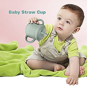 Baby Straw Cup Silicone Toddler Sippy Cup with Straw & Snack Lid, Sprill Proof Training Cup for Infant 6+ Months, Kid Snack Cup Drinking Open Cup 8 OZ (Sea Grey)